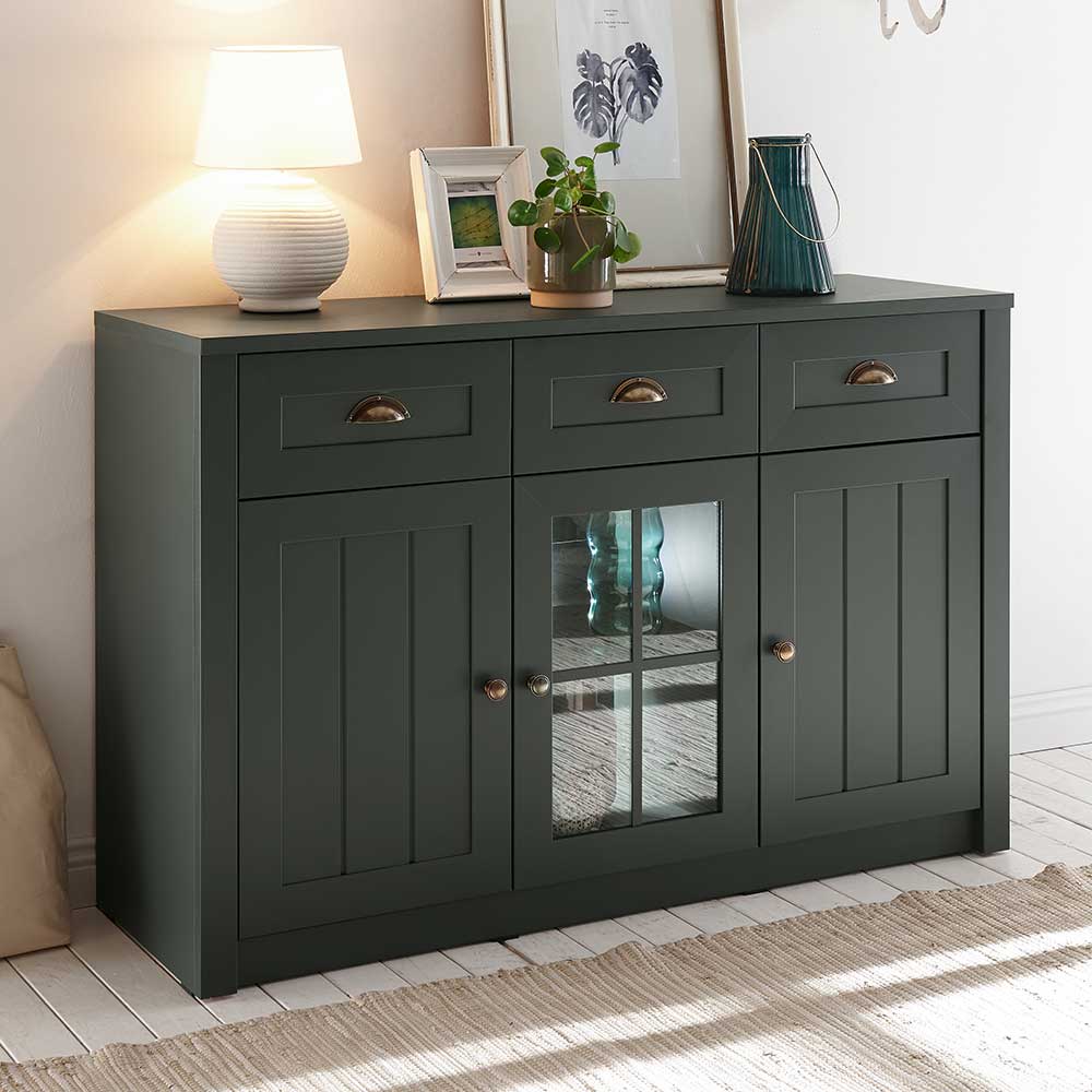 130cm Landhaus Sideboard in Dunkelgrün mit Glas Einsatz - Niestov