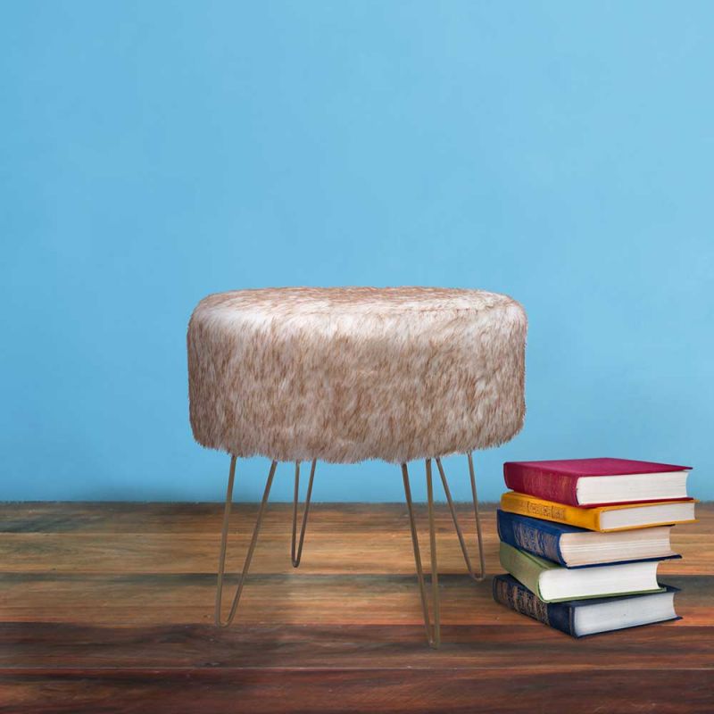 Plüschiger Hocker mit Kunstfell Bezug in Beige Braun & Metallgestell ...