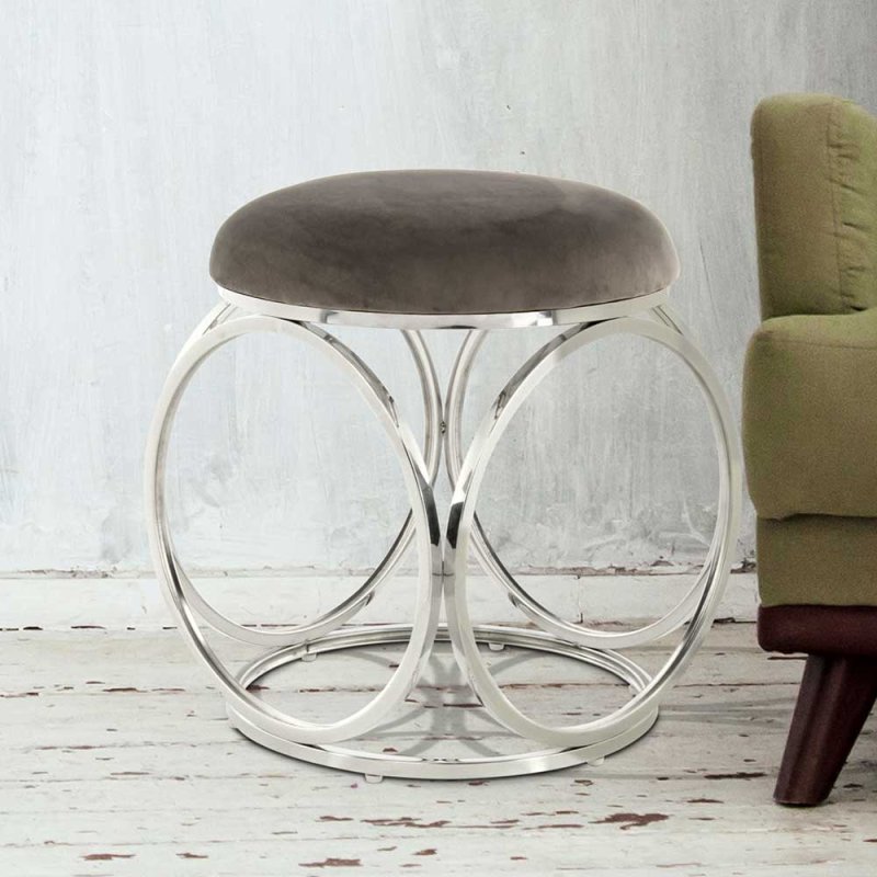 Designer Hocker mit Ringgestell in Silber aus Edelstahl & Samtsitz Grau ...