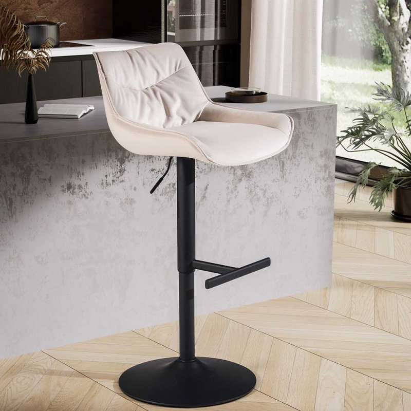 Samt-Barstuhl in Beige mit Schwarz - Tellerfuß aus Metall - Gates