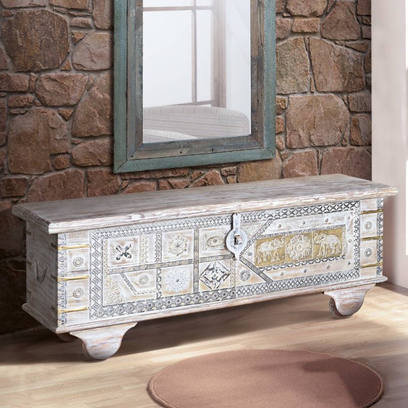 Massivholz Truhe im Orient Style mit flachem Deckel - Varrion