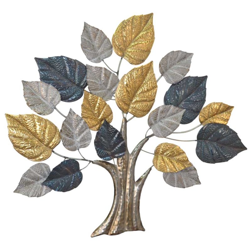 Plastisches Wandbild Baum aus Metall in Grau Silber Gold - Laura