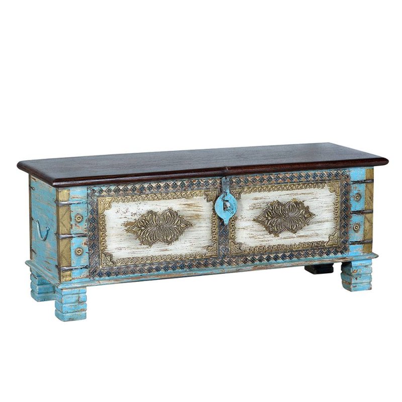 Holztruhe im Orient Design in Blau mit Antikweiß Bronze Braun - Jusic