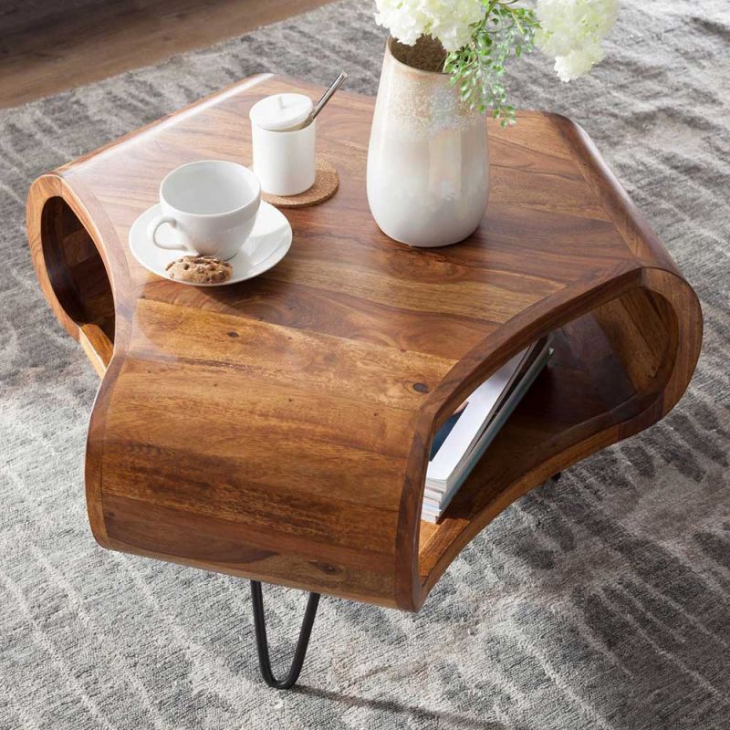 Handgearbeiteter Design-Couchtisch modern aus Holz & Metall - Lenza