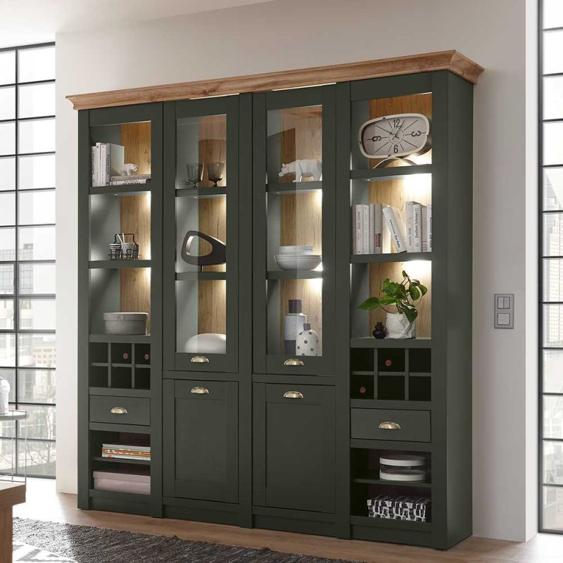 147cm breites Landhaus Regal in Graugrün und Wildeiche mit viel ...