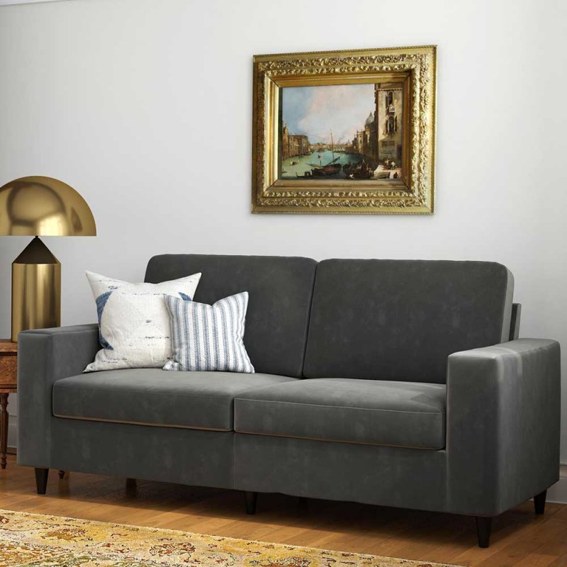 Dreisitzer Couch in Grau Samt mit Armlehnen - 190 cm breit - Hippa
