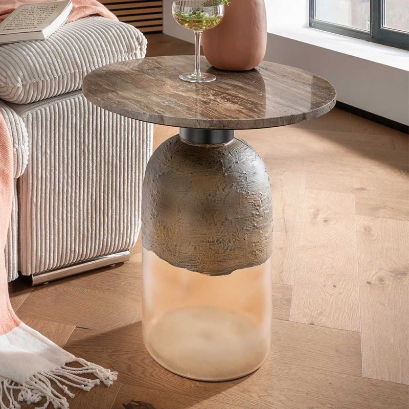Design Beistelltisch mit Travertin Platte und vasenförmigem Glassockel ...