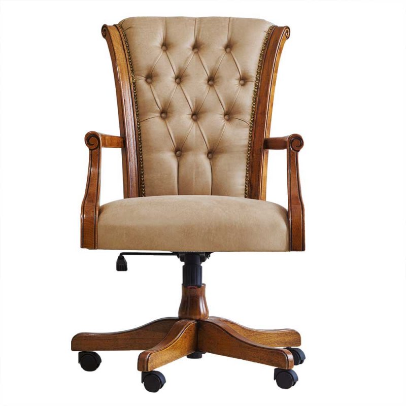 Italienischer Design Bürostuhl in Beige Kunstleder mit braunem Holz - Albro