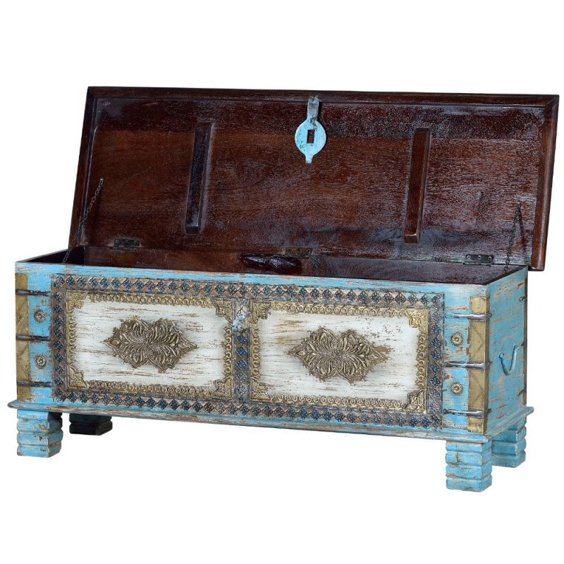Holztruhe im Orient Design in Blau mit Antikweiß Bronze Braun - Jusic