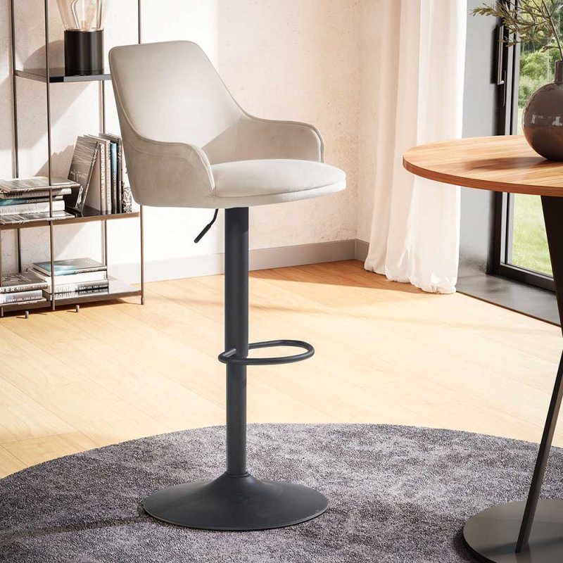 Samt Barstuhl in Beige mit schwarzem Metall-Tellerfuß - Heats
