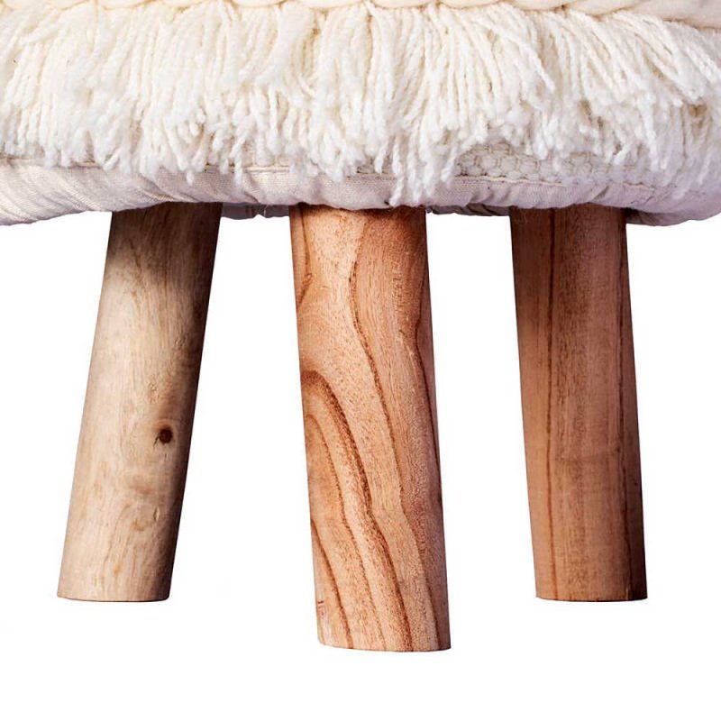 Boho Style Hocker in Cremeweiß mit Holzbeinen - Puertos