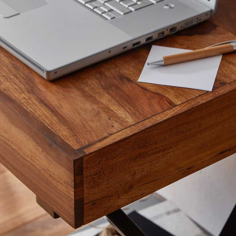 Industrial Design Schreibtisch aus Sheesham Holz mit Metall X Füßen in ...