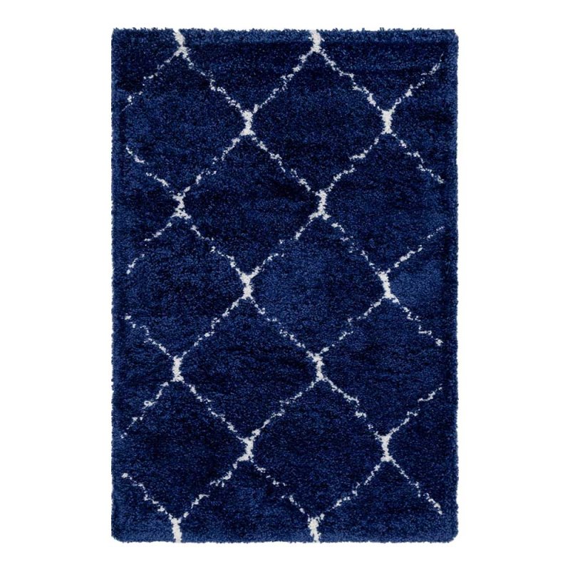 Teppich Läufer mit Kachelmuster in Blau und Creme - Hochflor - Tonnia