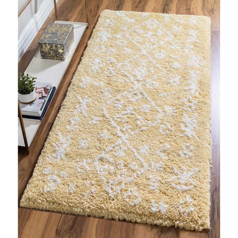 Ethno Läufer oder Teppich in Gelb & Creme mit weichem Hochflor - Kareta