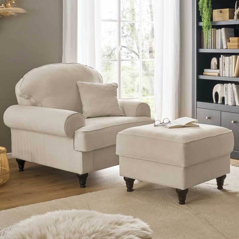 Polstersessel & Hocker in Beige Microfaser mit Buche Dunkelbraun ...