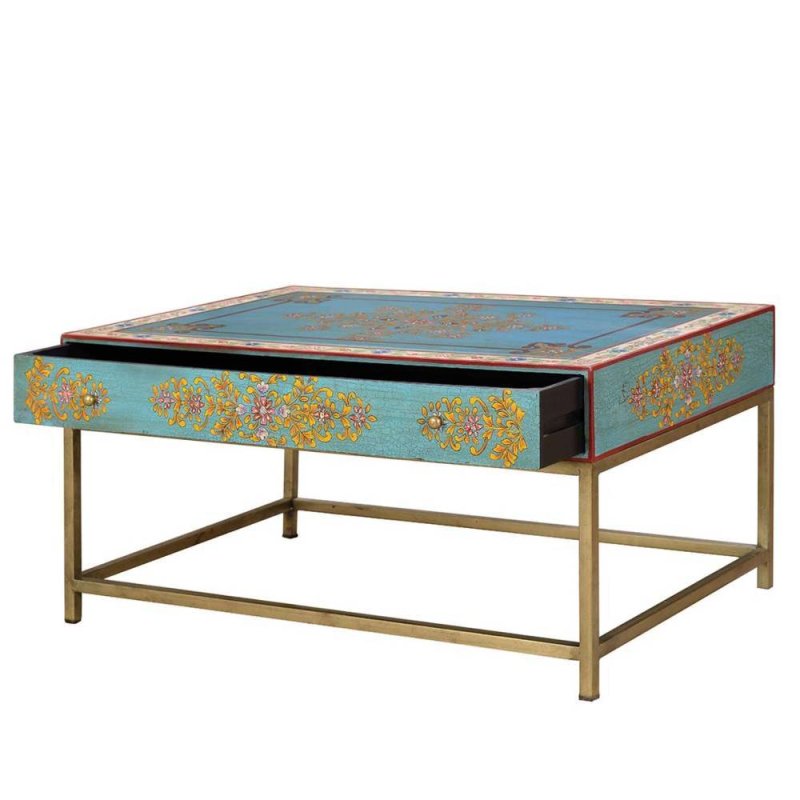 Couchtisch mit folkloristischen Blumenmotiven und Gestell in Messing ...