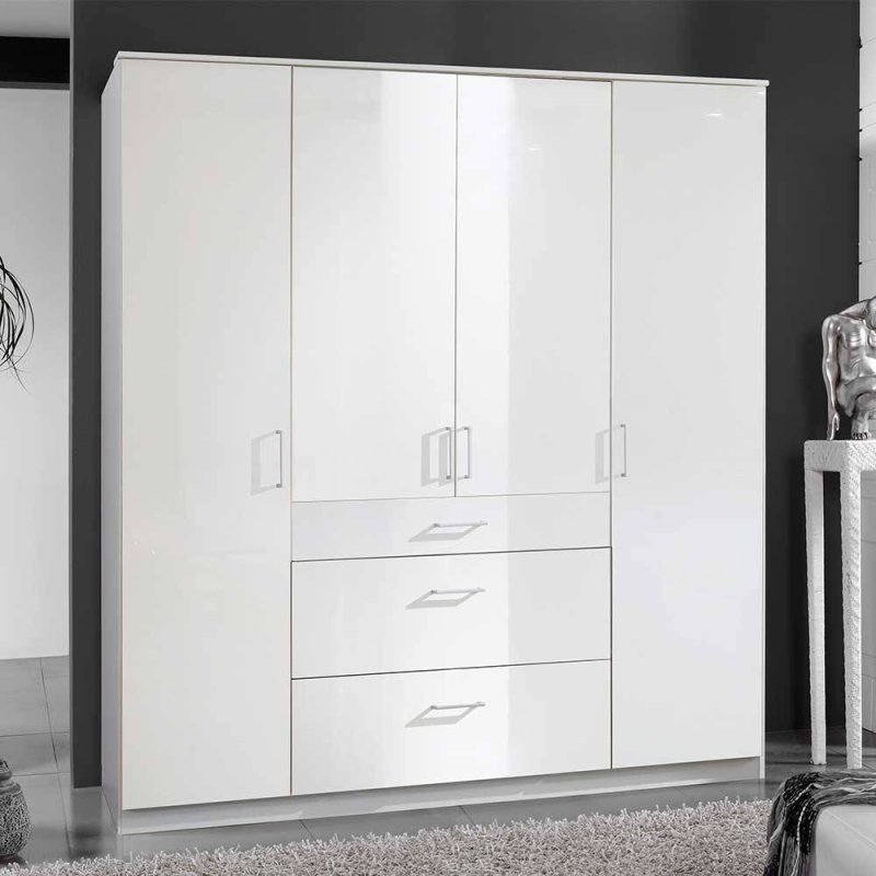 Schlafzimmerschrank mit Hochglanzfront in Weiß - drei Schubladen & vier ...