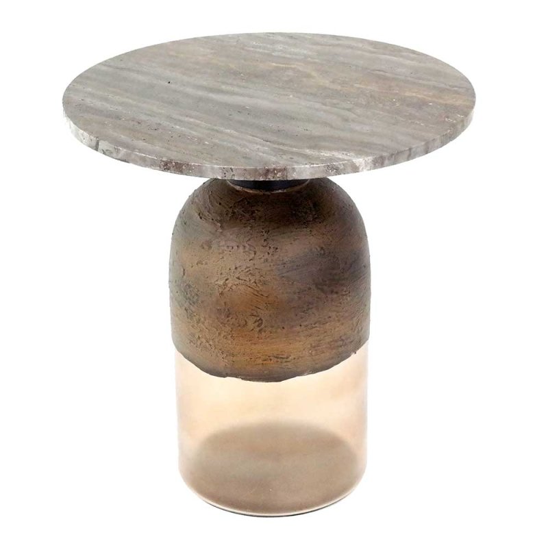 Design Beistelltisch mit Travertin Platte und vasenförmigem Glassockel ...