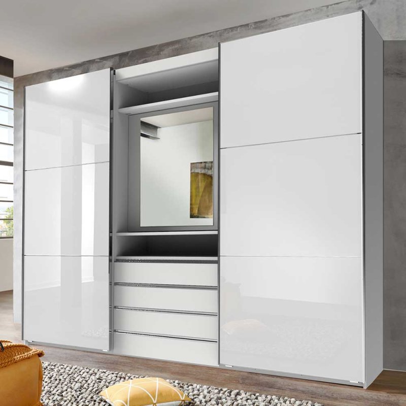 Design Kleiderschrank mit viel Stauraum in Weiß mit Glasbeschichtung ...