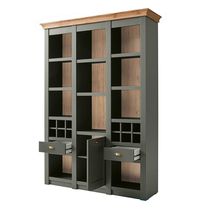 147cm breites Landhaus Regal in Graugrün und Wildeiche mit viel ...