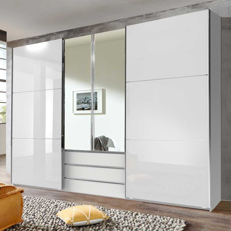 Design Kleiderschrank mit viel Stauraum in Weiß mit Glasbeschichtung ...
