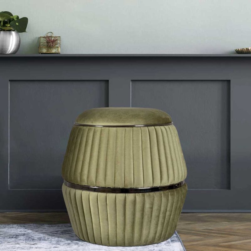 Hocker in Oliv Grün mit Dunkelgrau - tonnenförmiges Design - Ofelia