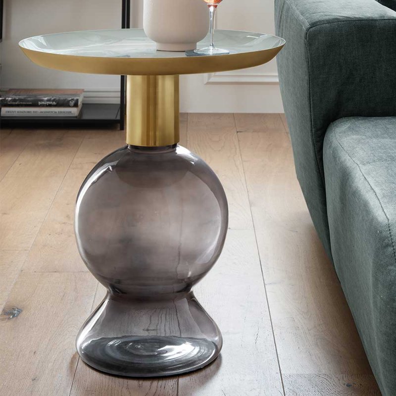 Design Beistelltisch mit Rauchglas Fuß und Tischplatte in Weiß Email ...